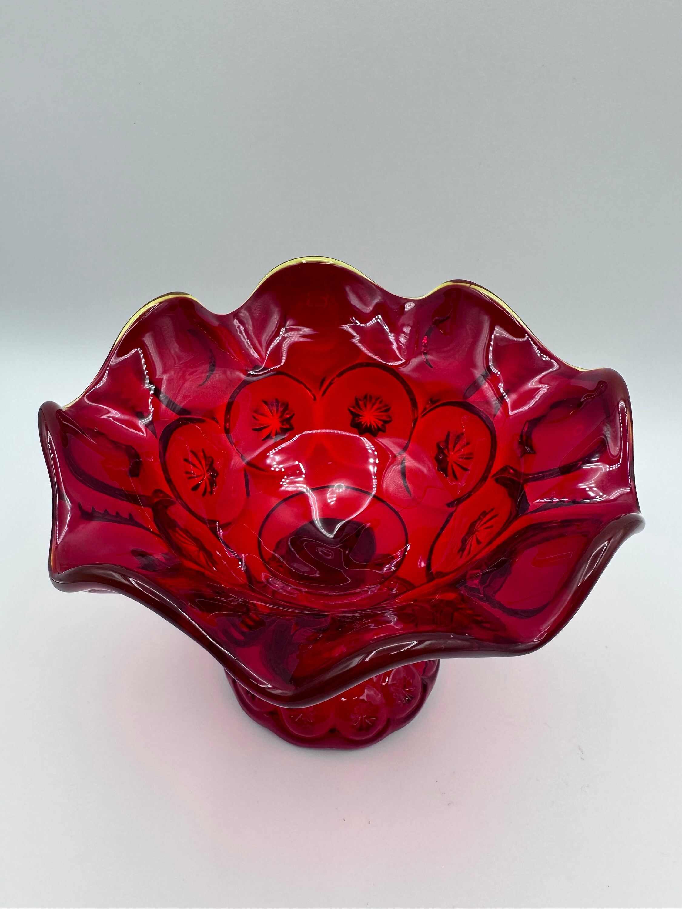 Vintage LE Smith Ruby Red and Amberina Moon and Stars Ruffled Pedestal ...
