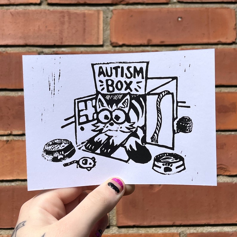 Autism Cat Box Lino Print Neurodivergent Art - Etsy