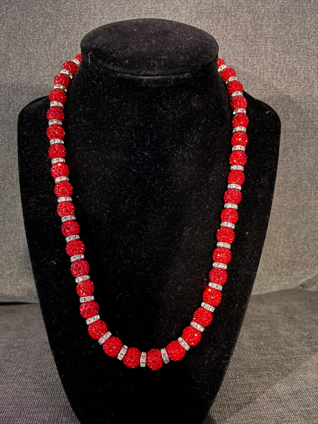 Red Diamond Beaded Necklace Baseball Rhinestone White Spacer Beads ...