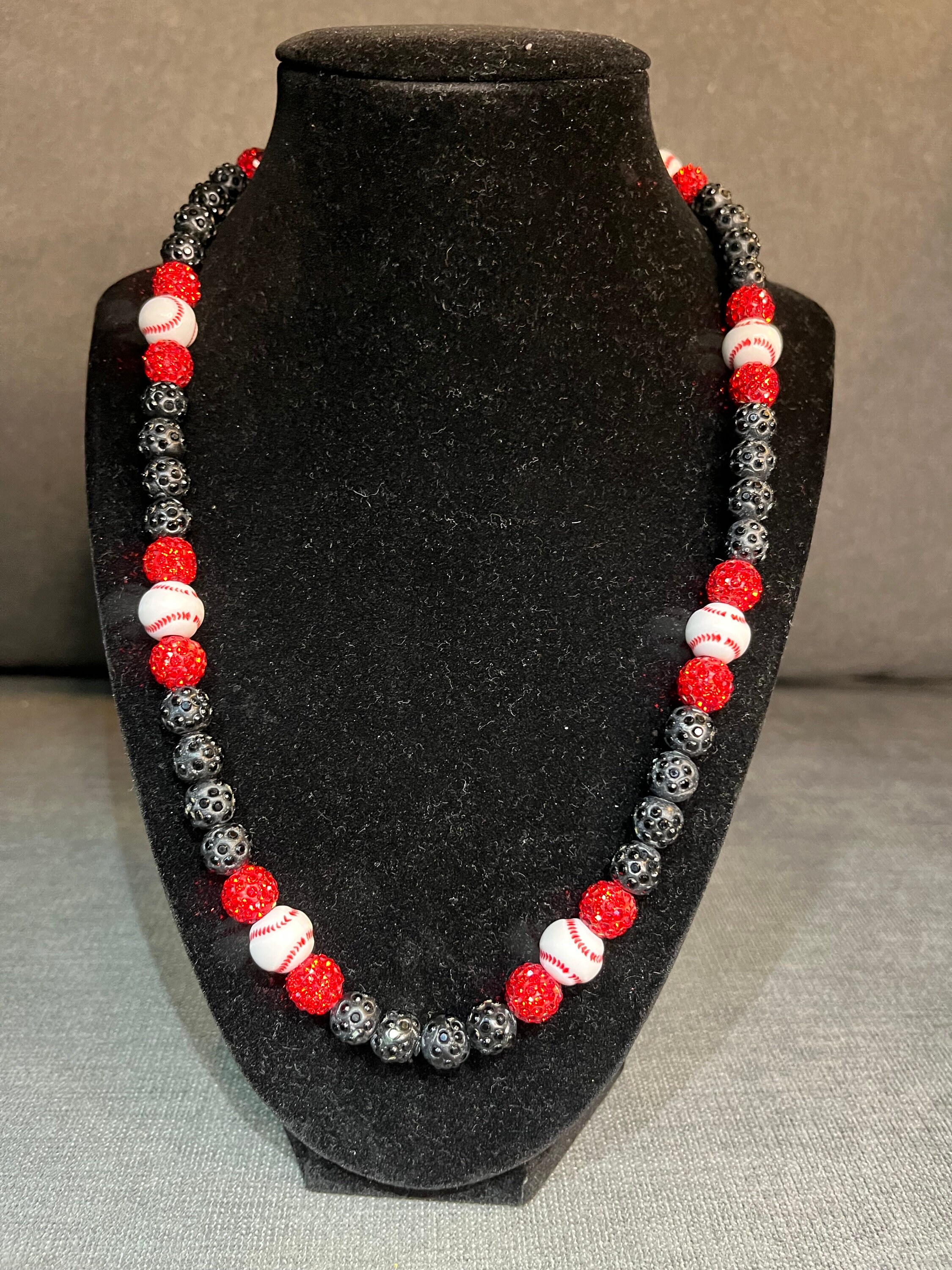Baseball Beaded Necklace Red Black Bead Chain Custom Bling Rhinestone ...