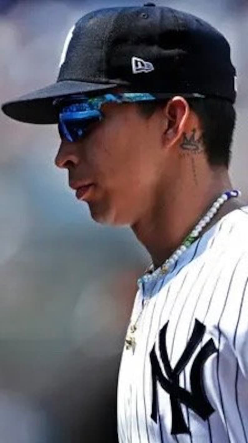 Gold Blue Beaded Necklace Baseball Silver Rhinestone Golden Bead Bling ...