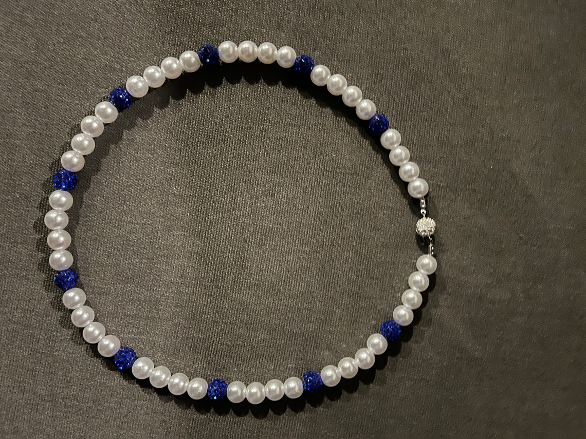 Aunt Blue Pearl Baseball Beaded Necklace Pearl Dodgers Chain Blue White ...