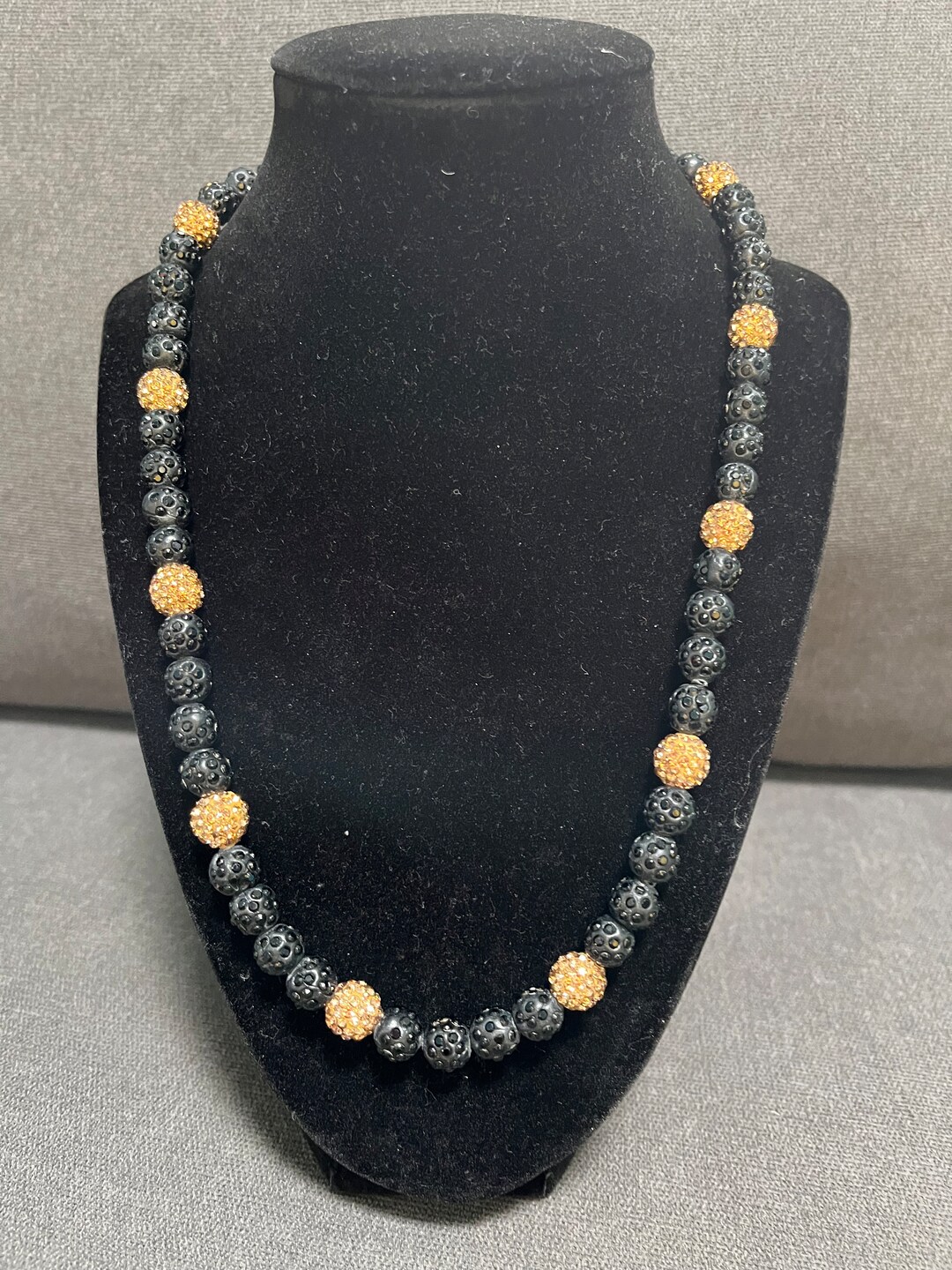 Gold Beaded Necklace Black Golden Sports Chain Baseball Rhinestone ...