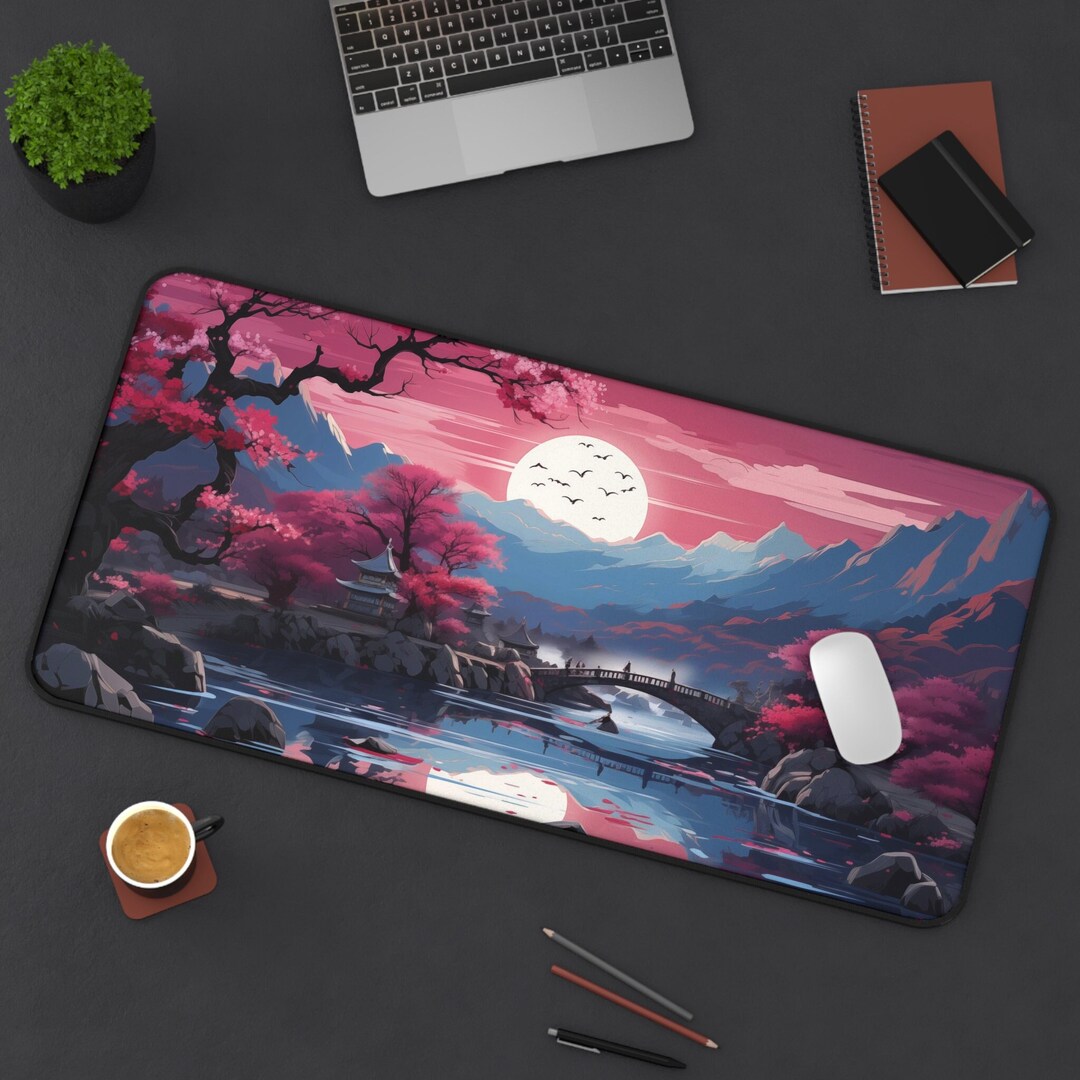 A Tranquil Zen Garden With Cherry Blossom Trees and a Small Bridge Desk ...