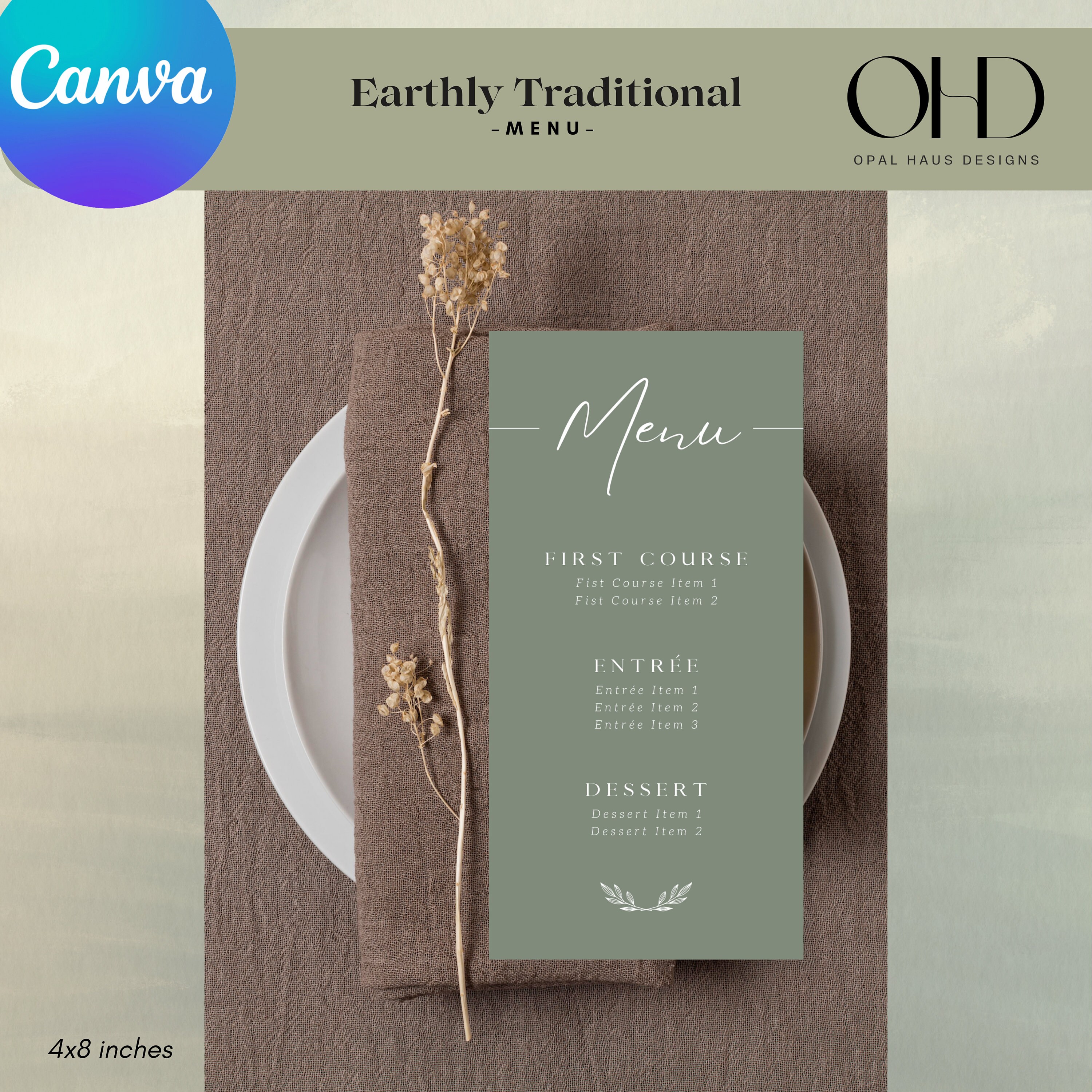Earthy Traditional Menu and Itinerary Canva Digital Product Elegant and ...