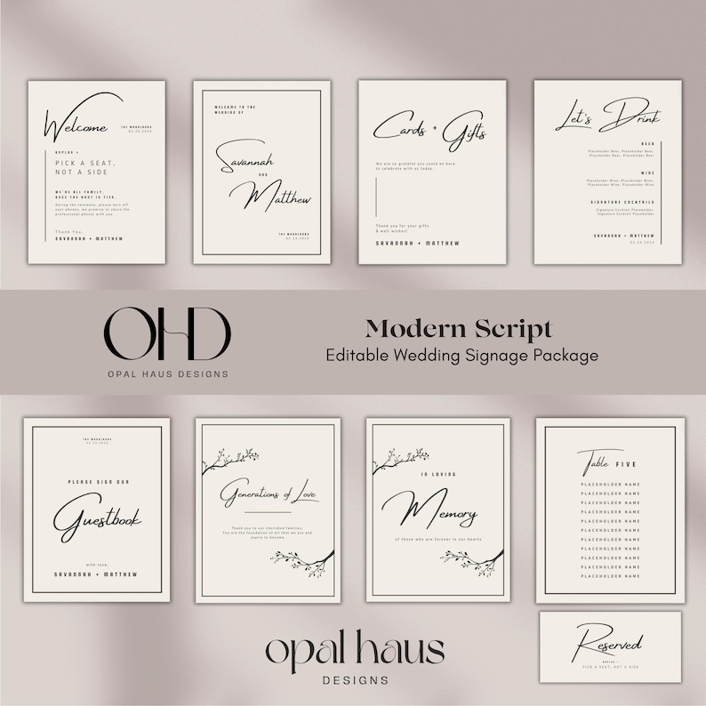 Modern Script | Digital Wedding Signage Package | Canva Digital Product ...