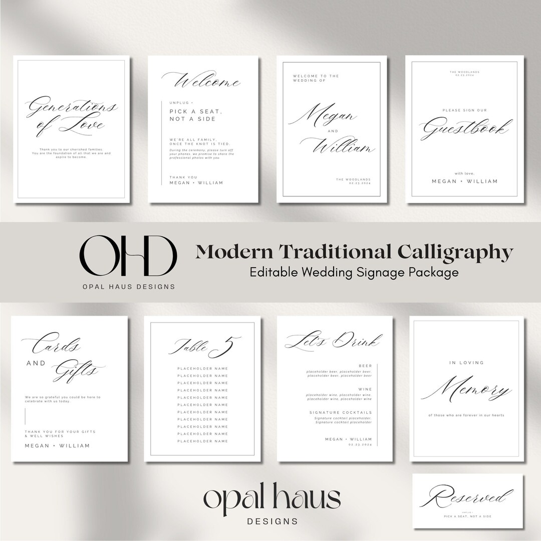 Modern Traditional Calligraphy | Digital Wedding Signage Package ...