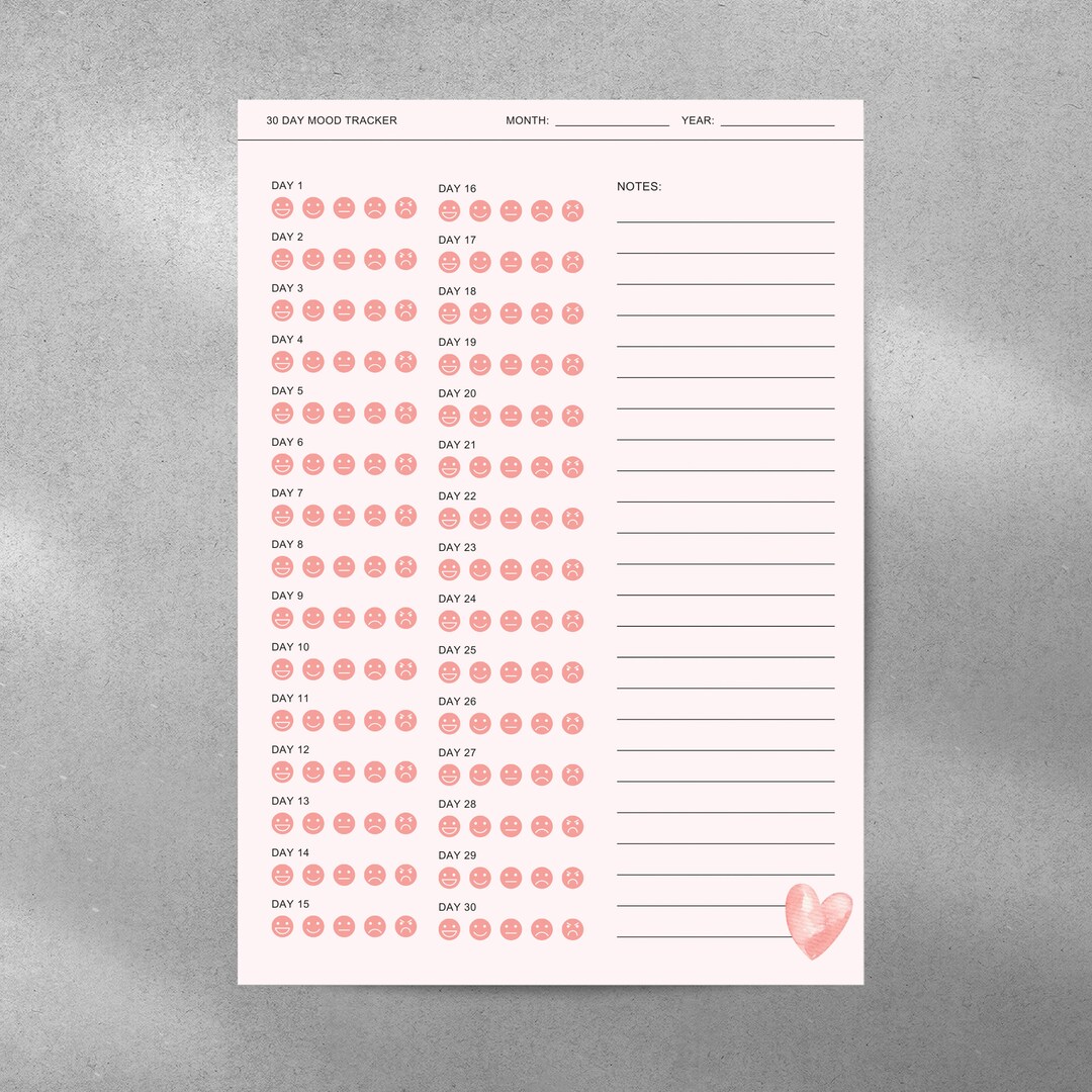 30-day Mood Tracker: A4 Printable PDF for Daily Emotion Tracking and ...