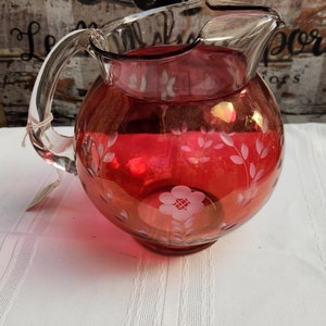 Vintage Etched Cranberry Pitcher With Handle - Etsy