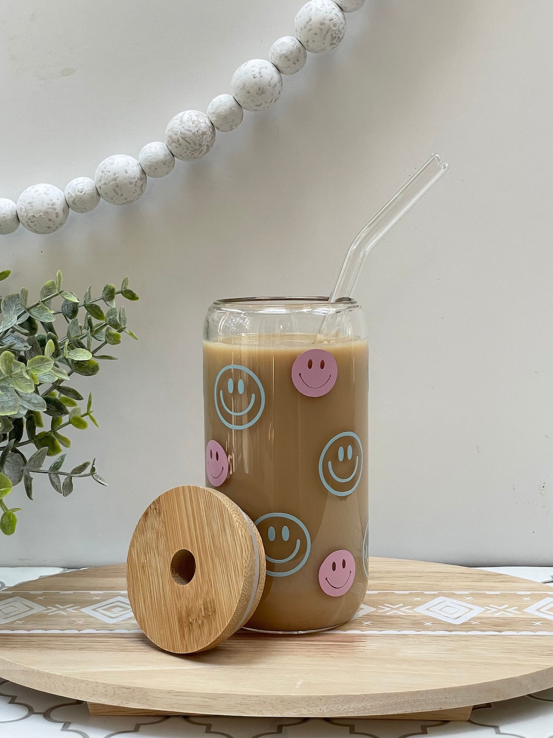 Retro Smiley Face Glass Coffee Cup, Personalized Iced Coffee Cup With ...