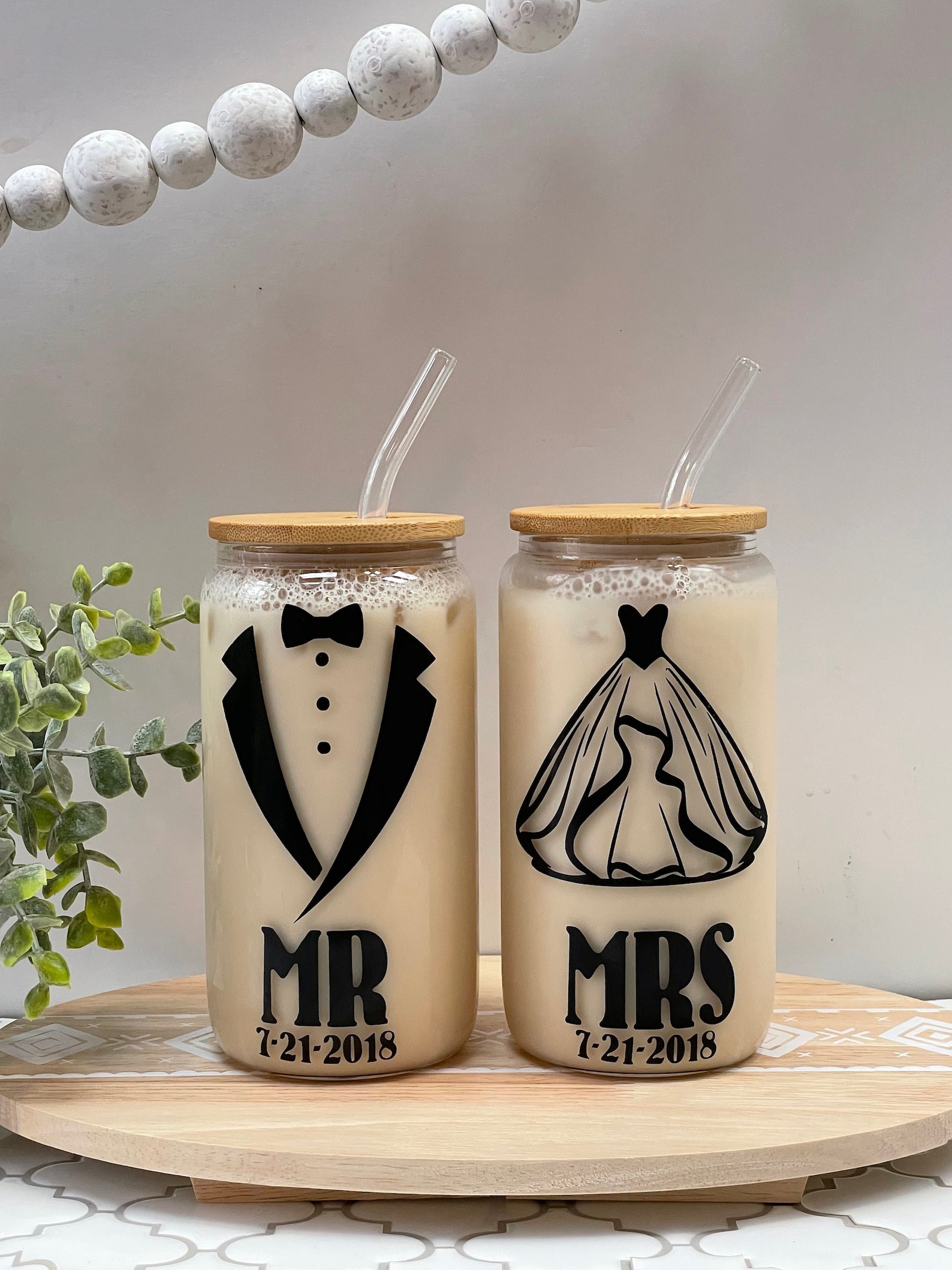 Mr and Mrs Glass Cups Couple Gift, Iced Coffee Cup With Lid and Straw ...