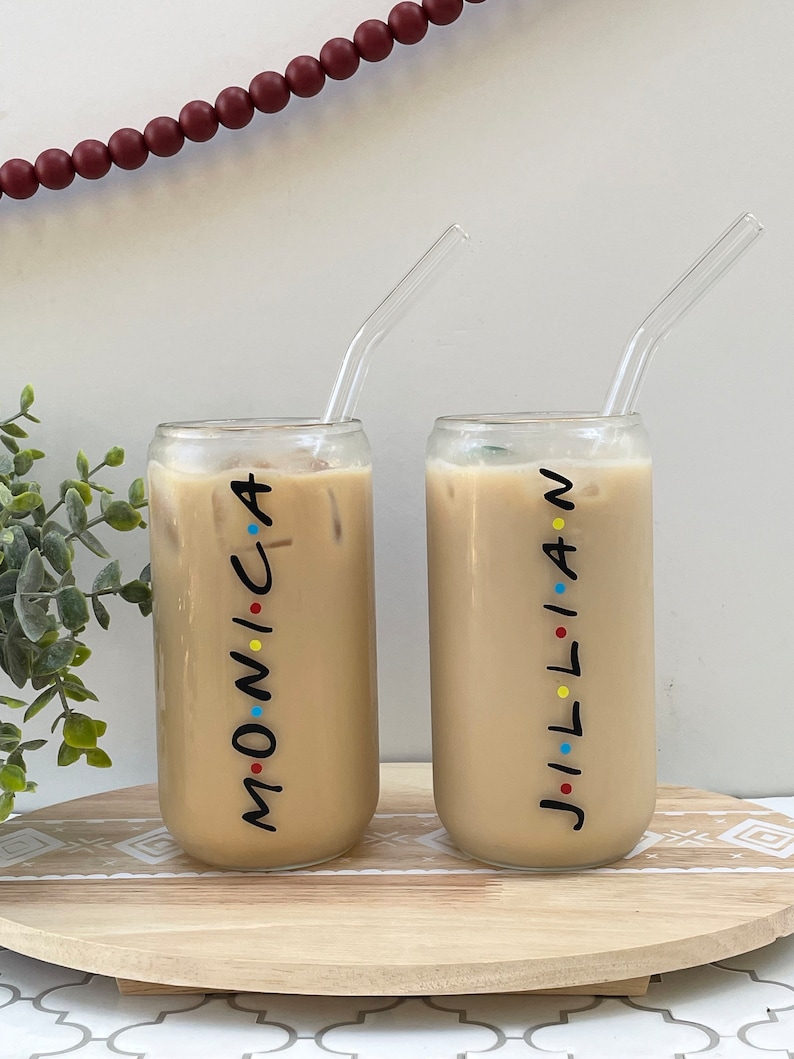 Personalized Friends Glass Cup, Name Iced Coffee Cup With Lid and Straw ...