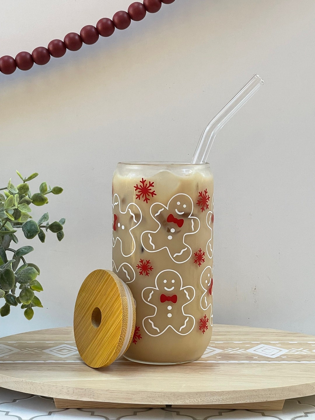 Gingerbread Man Glass Coffee Cup, Holiday Tumbler, Festive Iced Coffee ...