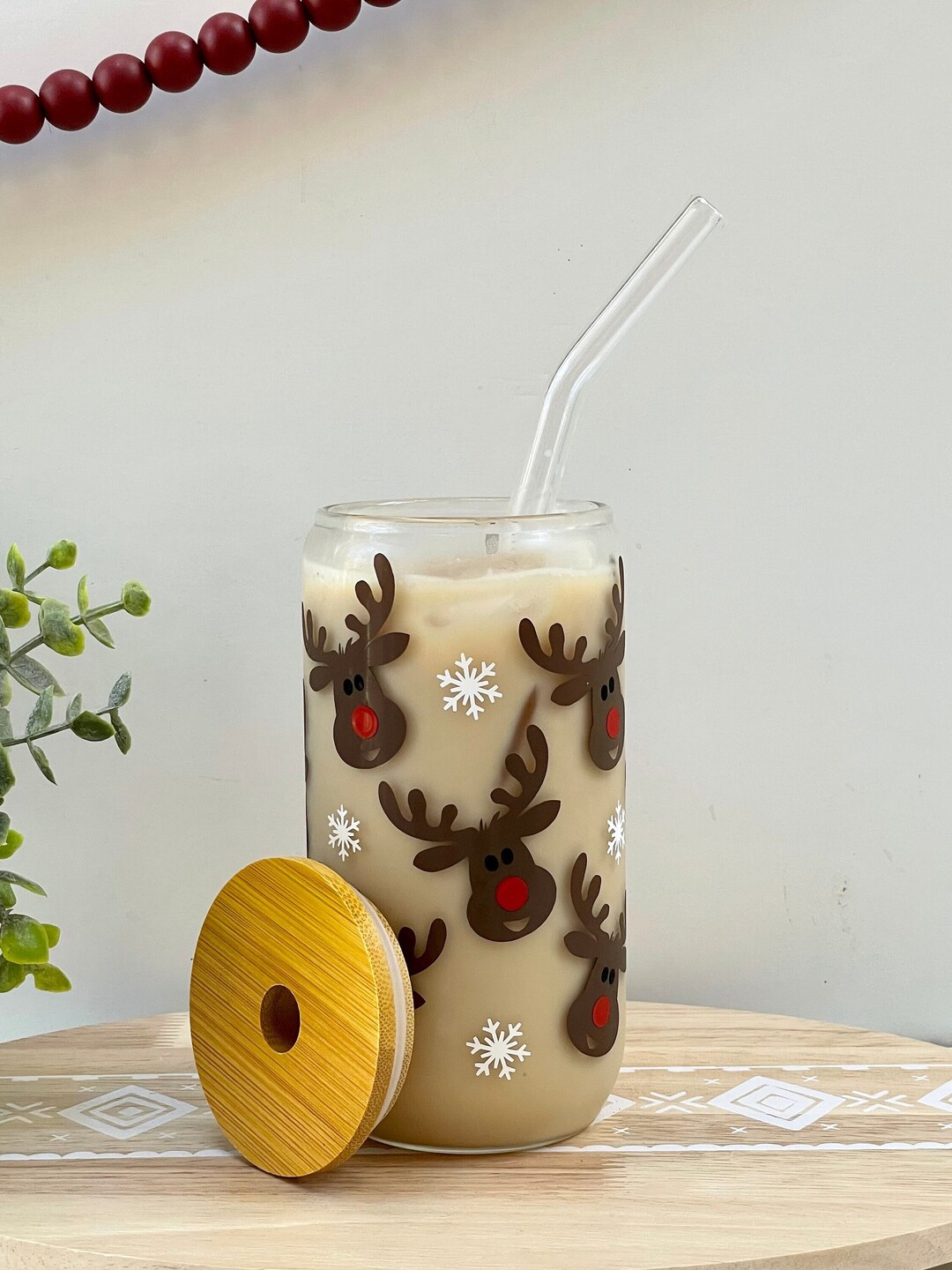 Holiday Reindeer Glass Cup, Christmas Glass Tumbler, Rudolf Iced Coffee ...