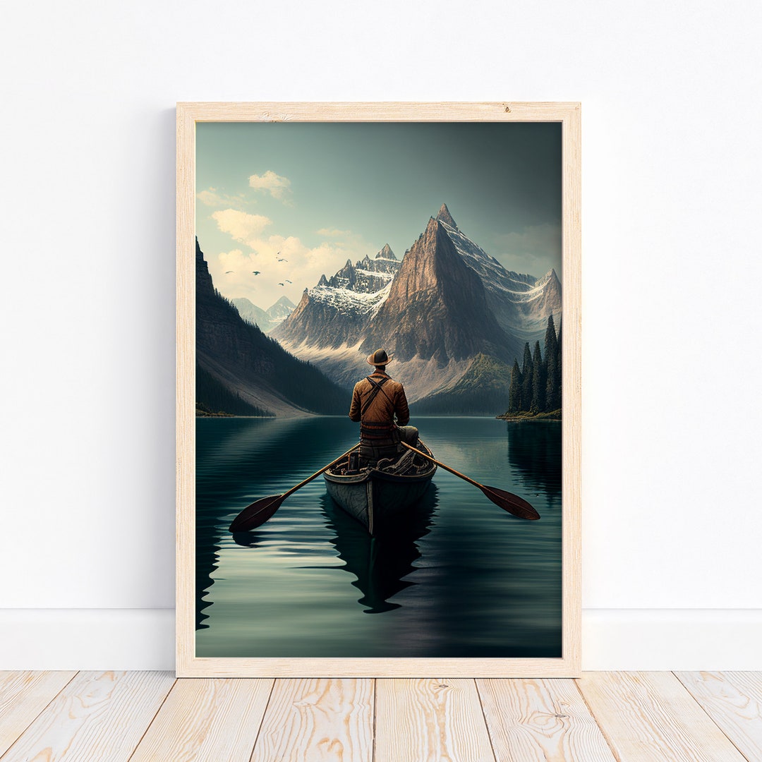 Canoe Mountain Lake Watercolor Painting Art Print Poster House Decor ...