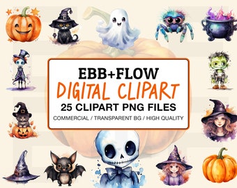 Watercolor Halloween Ghost Skull Pumpkin Clipart Bundle of 9 ...