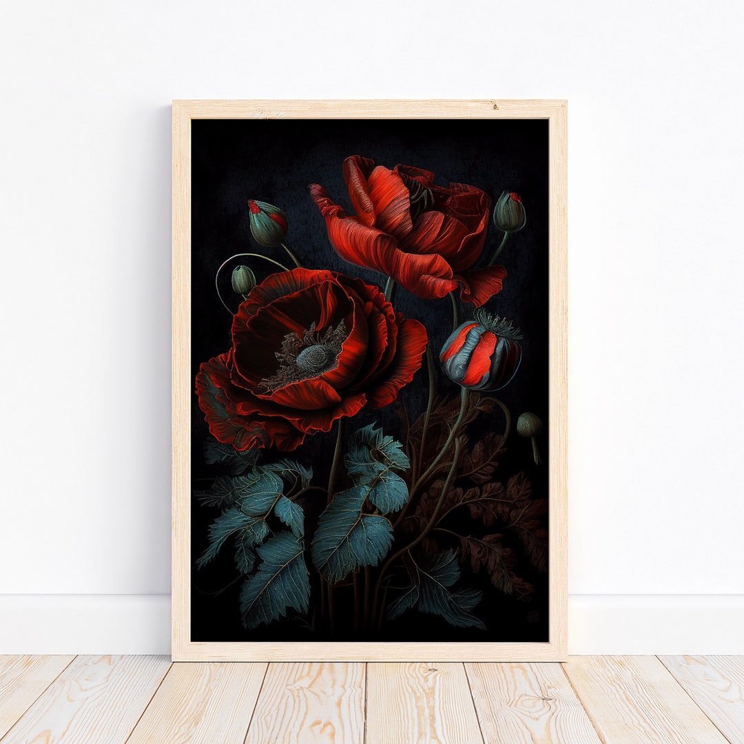 Moody Red Poppy Oil Painting, Dark Vibes, Dark Academia, Above Bed ...