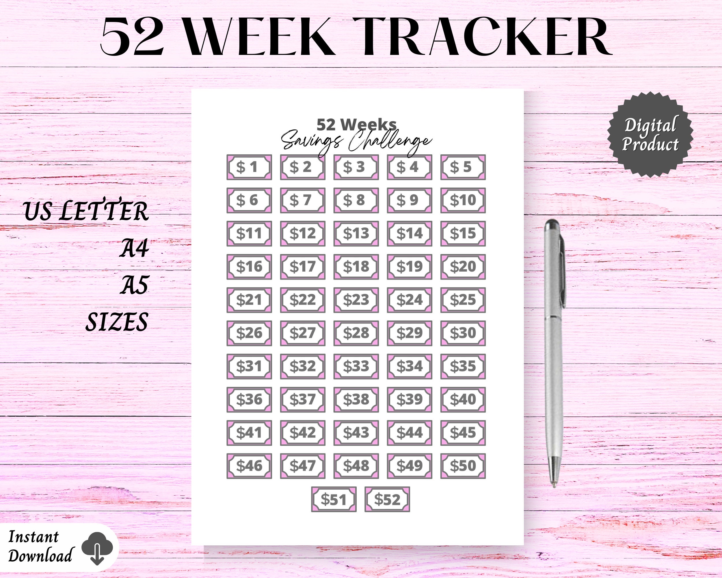 52 Week Savings Tracker, One Year Savings Challenge Tracker, Money ...