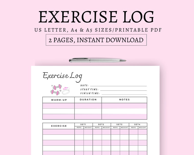 Exercise Tracker Printable Exercise Log for Fitness Daily - Etsy