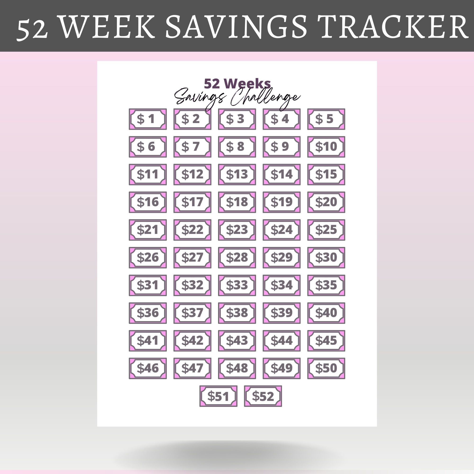 52 Week Savings Tracker, One Year Savings Challenge Tracker, Money ...