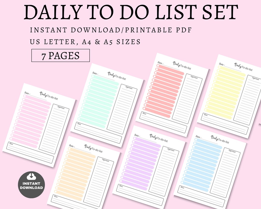 Daily to Do List Printable Bundle, to Do List Template Set of 7 ...