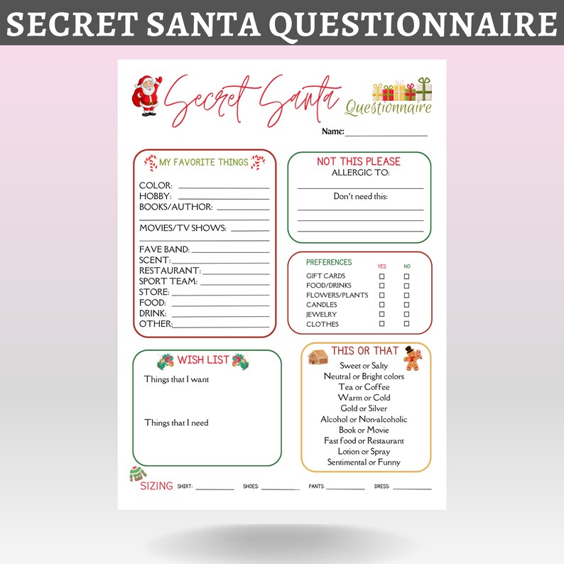 Secret Santa Questionnaire Christmas Gift Exchange Secret - Etsy