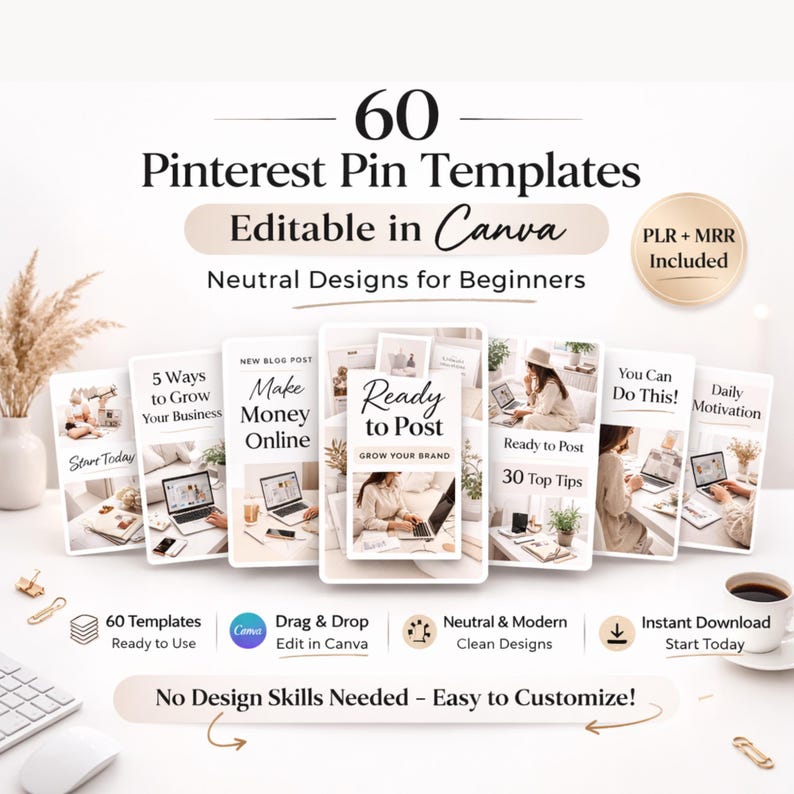 Pinterest Pin Templates Canva | 60 Neutral Editable Pins for Beginners ...