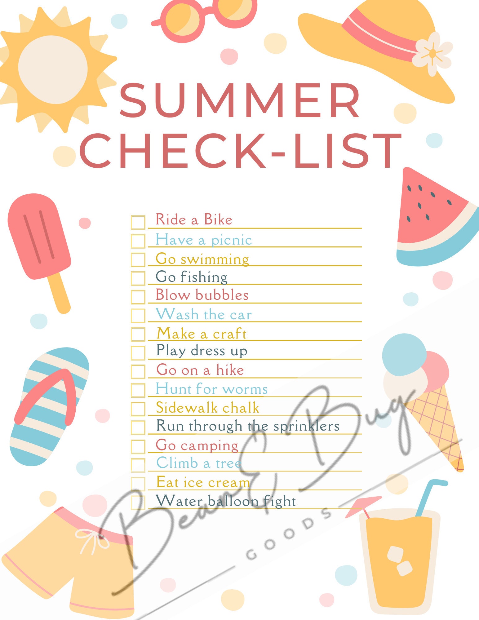 Printable Kids Summer Checklist Kid Bucket List - Etsy