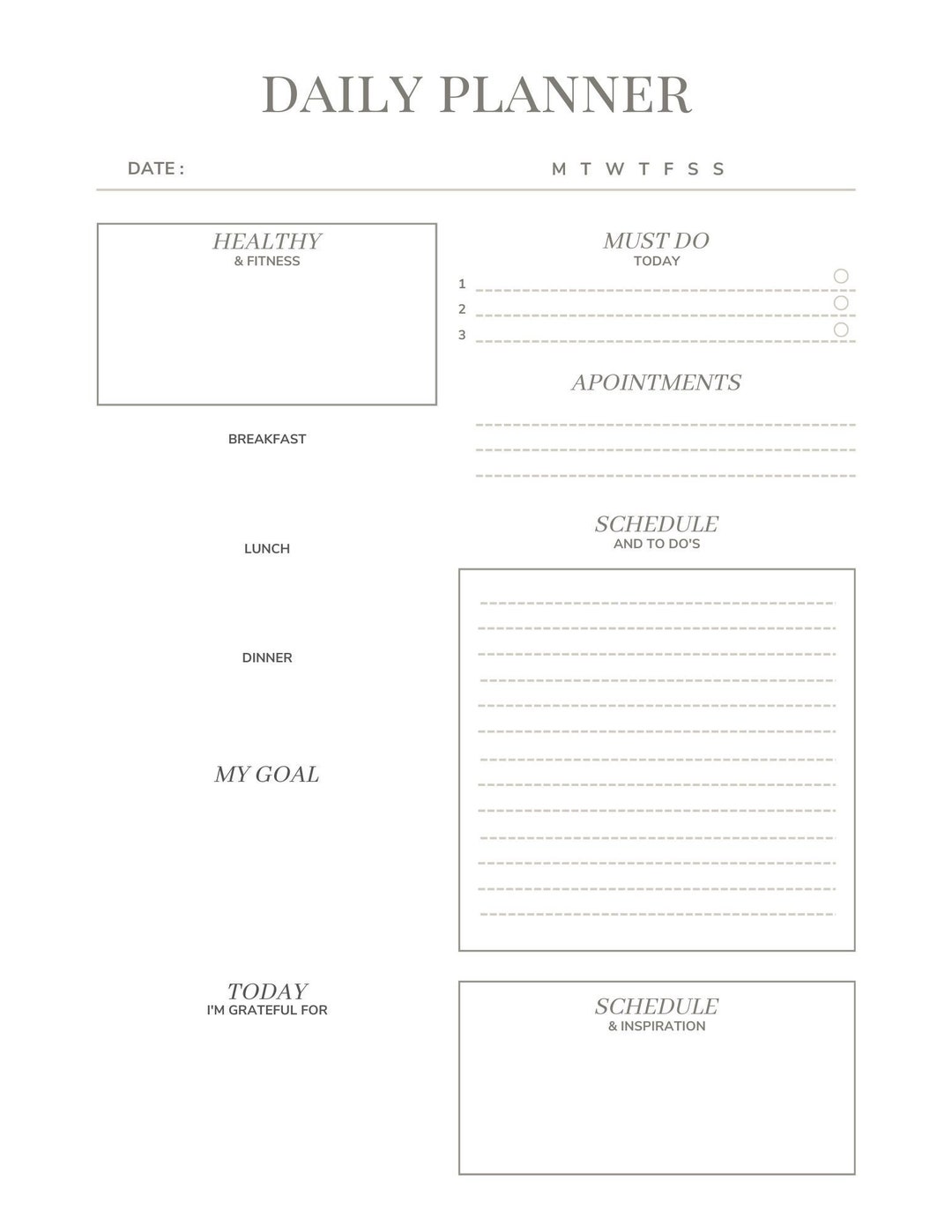 One Page Planner, Instant Download, Minimal Daily Planner, Productive ...