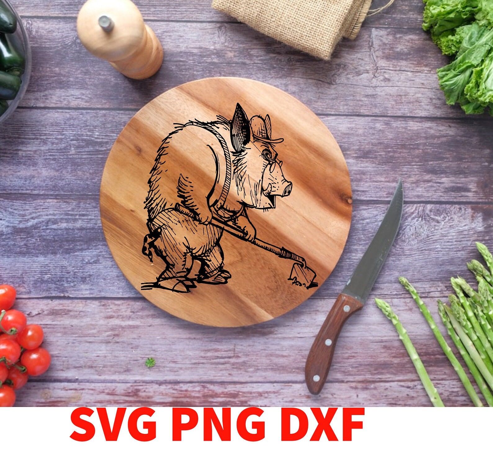 Farmer Pig Gardening Pig Hog SVG PNG DXF Vector Graphics Overalls Straw ...