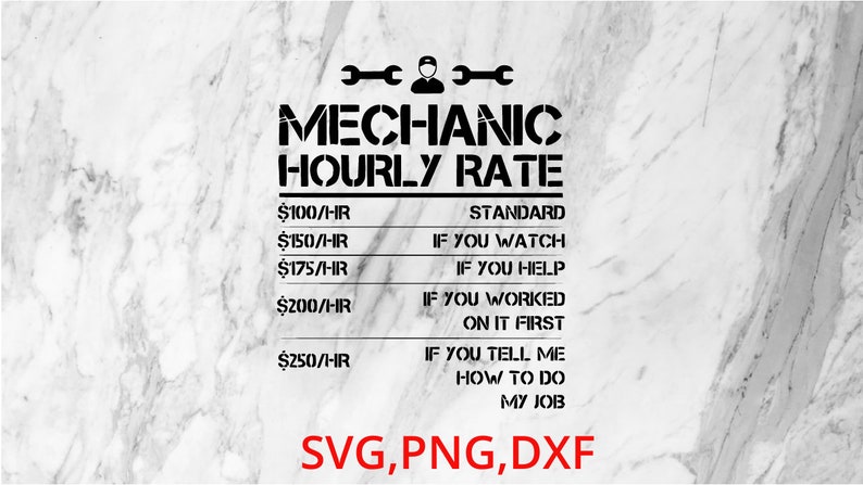Mechanic Hourly Rate SVG DXF PNG Digital File Will Work in All Cutting ...
