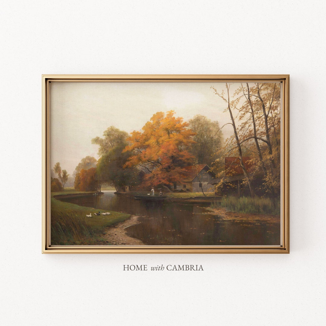 Vintage Fall Landscape Painting, Farmhouse Autumn Painting, Printable ...