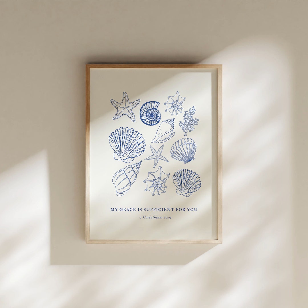 Coastal Bible Verse Art, Summer Christian Wall Art, Blue Seashell ...
