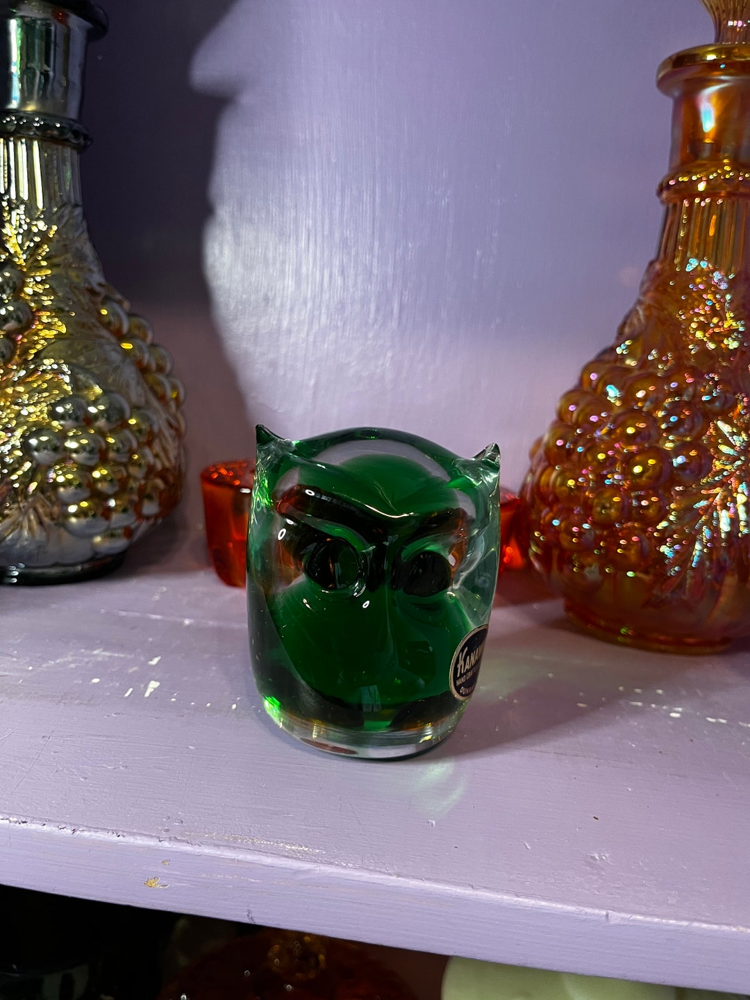 Vintage Kanawha Green Glass Owl Paper Weight With Sticker Etsy