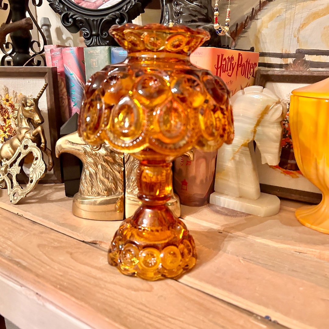 Vintage L.E. Smith Moon and Stars 3-piece Fairy Lamp - Pedestal - Amber ...