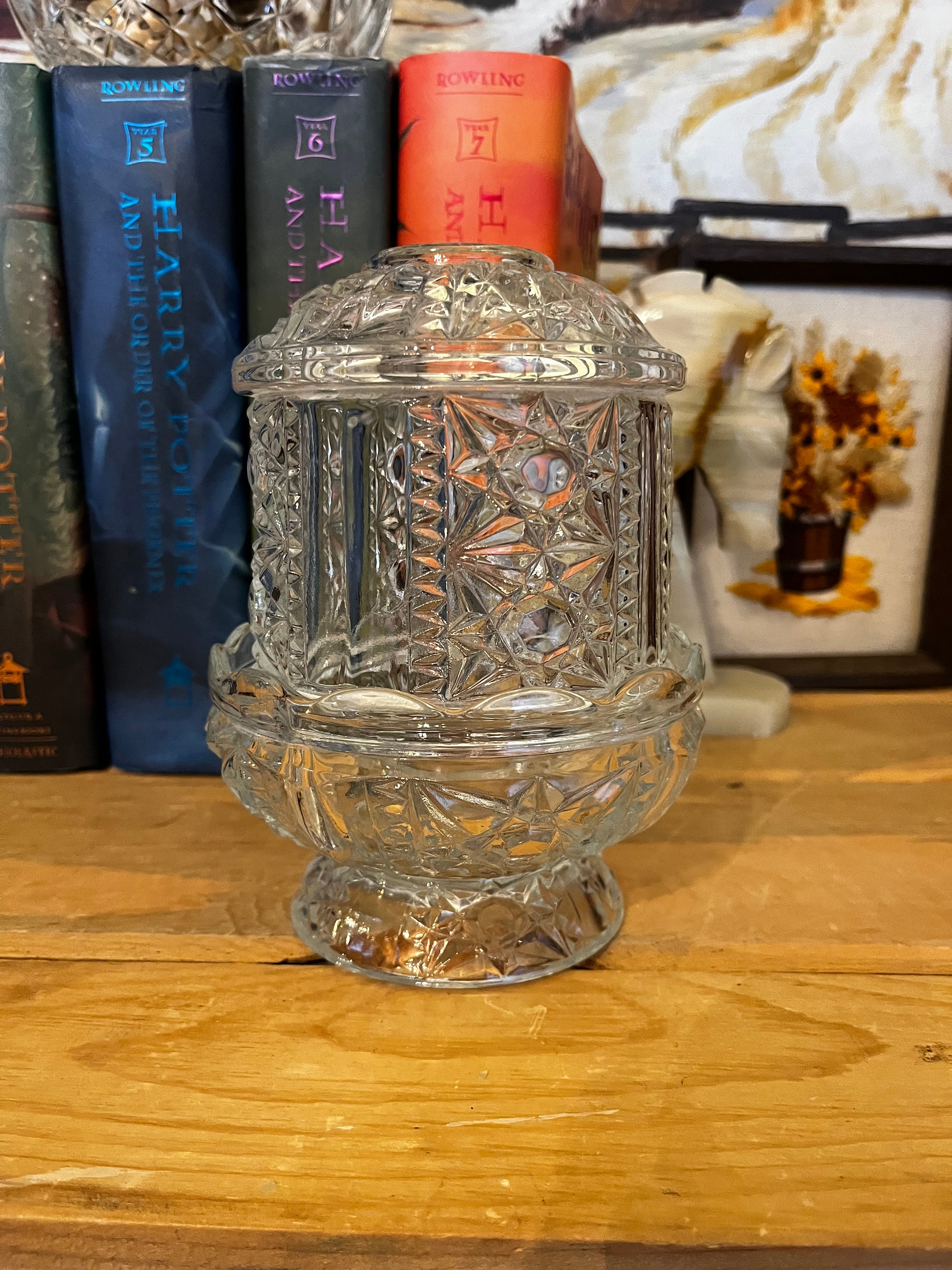 Vintage Indiana Glass Clear Two-piece Fairy Lamp W/embossed Starburst ...