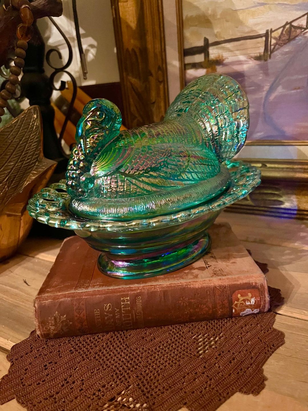 Large Teal Carnival Glass Turkey on Nest Dish – Lace Edge Trinket Box ...