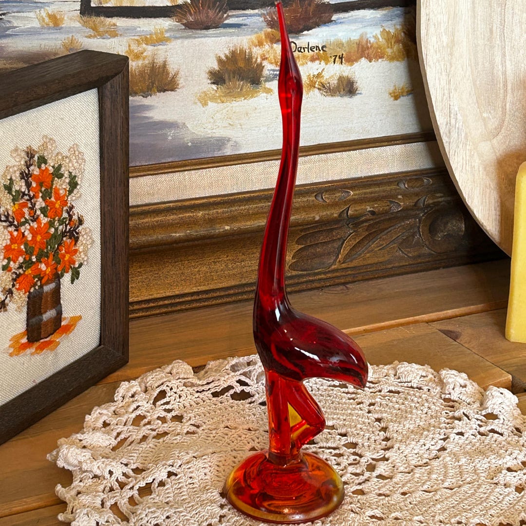 Vintage Viking Ruby Red Amberina EPIC Art Glass Egret Crane Bird Heron ...