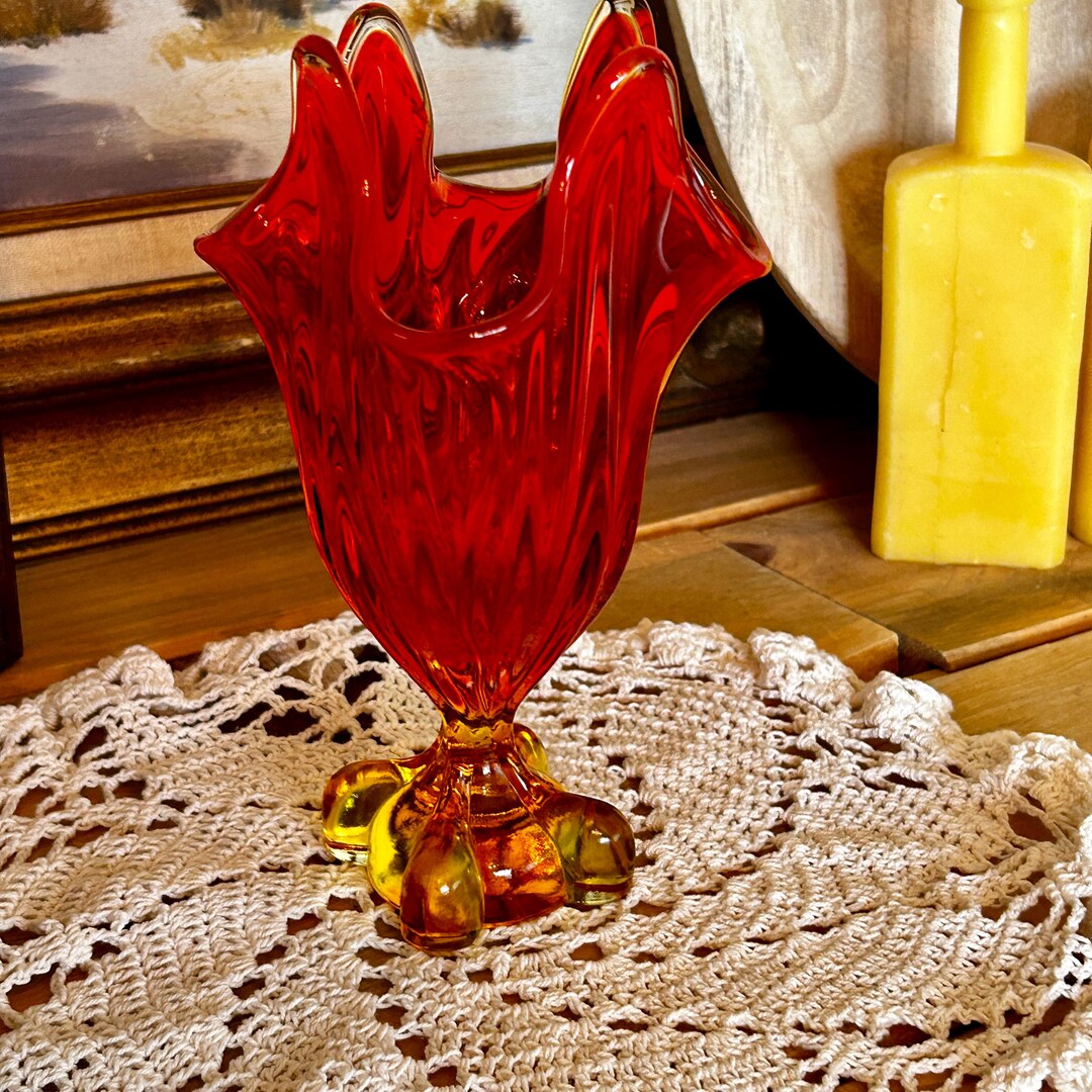 Vintage Viking Persimmon Glass Swung Vase - #1485 Clear Crest - 7.75 ...