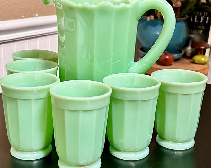 Mosser Glass Jadeite Lemonade Set Featuring Paneled Pitcher and Six (6 ...