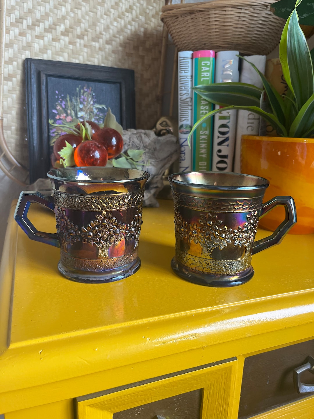 QTY 2 Antique Fenton Blue Carnival Glass Mug Orange Tree Pattern 3.25 ...