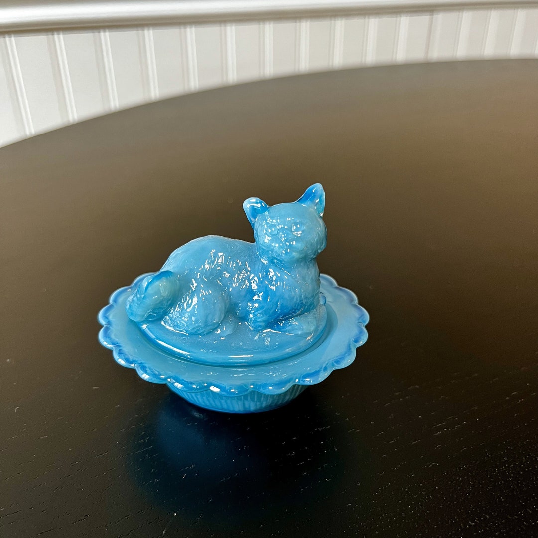 Vintage Mosser Glass Georgia Blue Satin Mini Cat Salt on Basket - Etsy