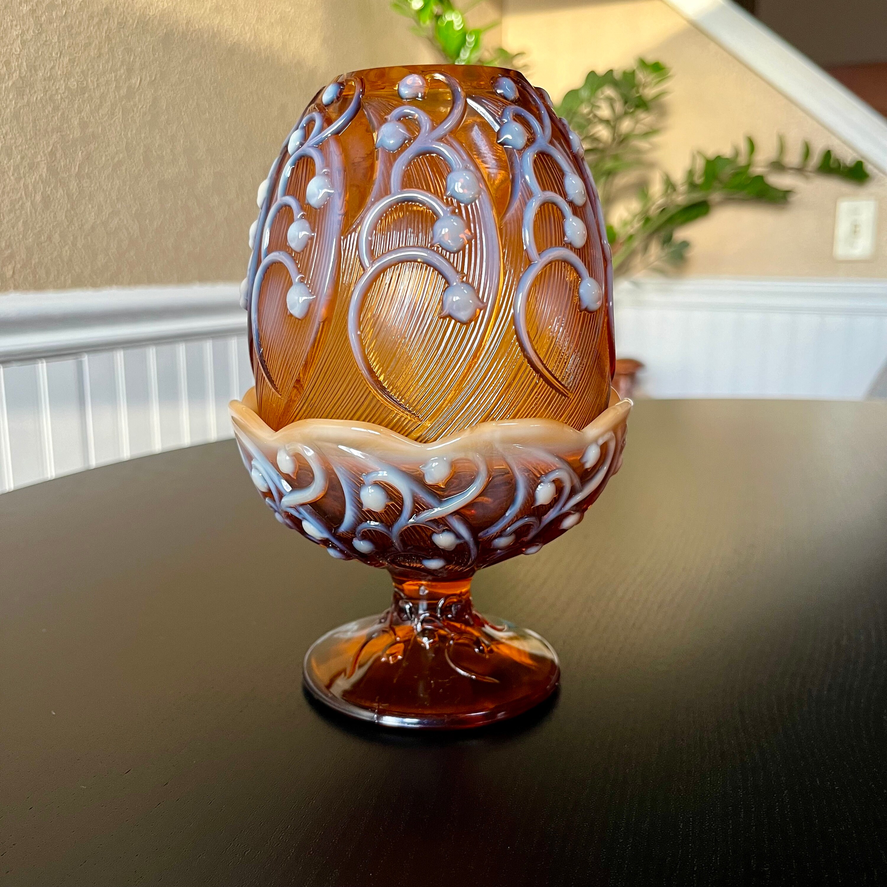 Vintage Fenton Lily of the Valley Amber Opalescent Glass Footed Fairy ...