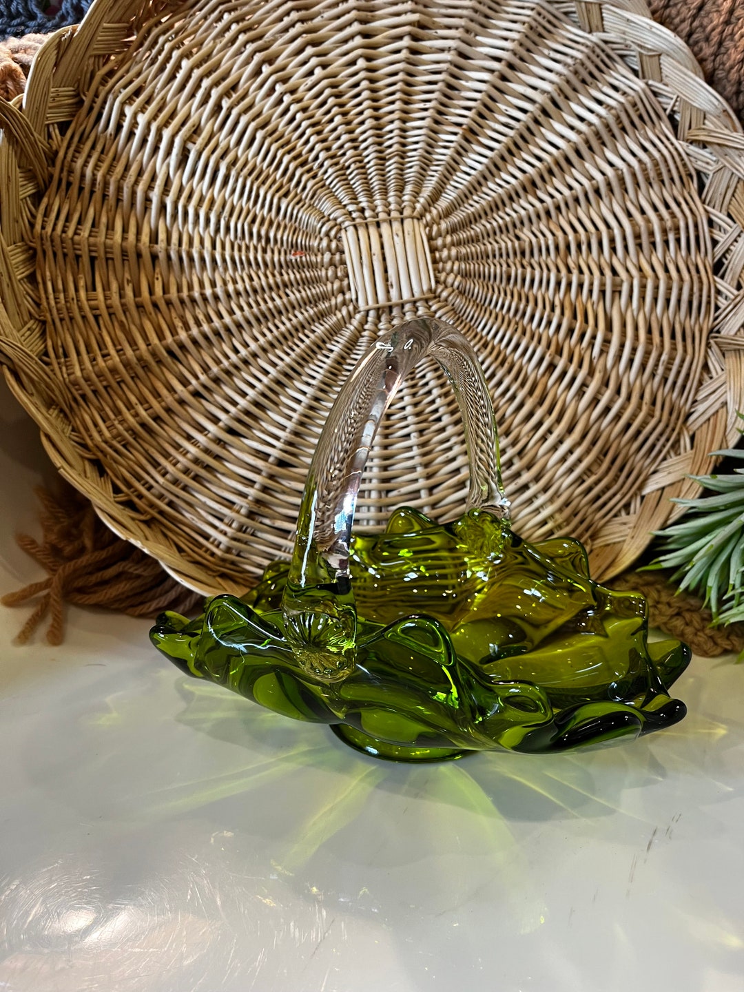 Vintage Viking Glass Epic Line Avacado Geen Basket With Clear Handle - Etsy