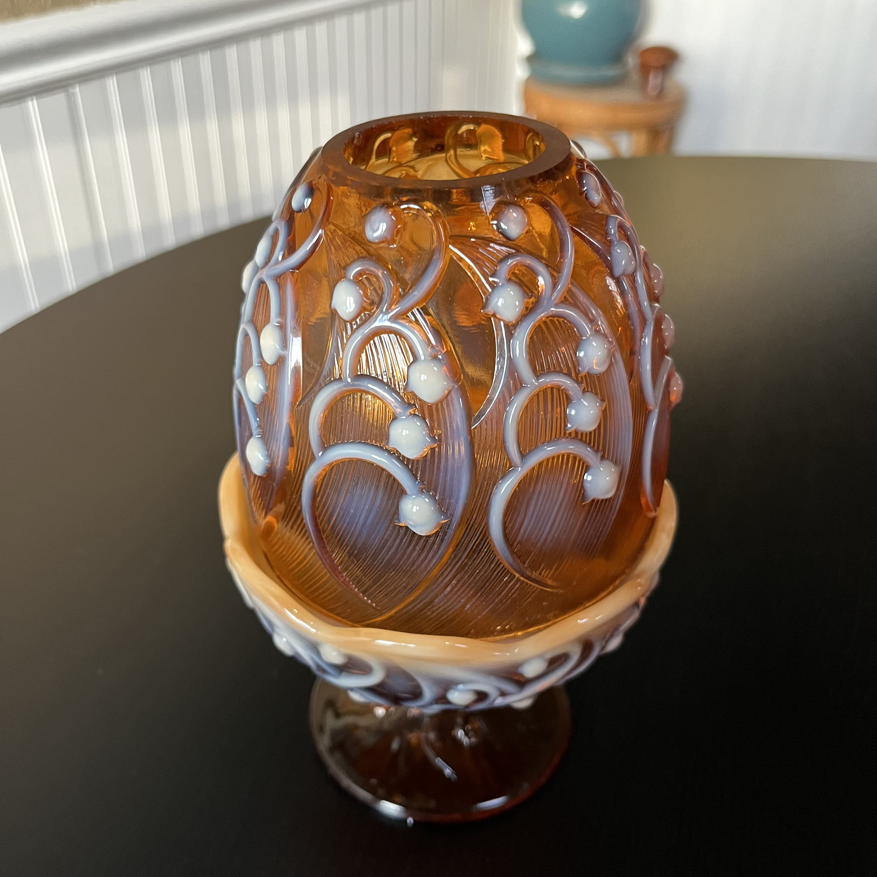 Vintage Fenton Lily of the Valley Amber Opalescent Glass Footed Fairy ...