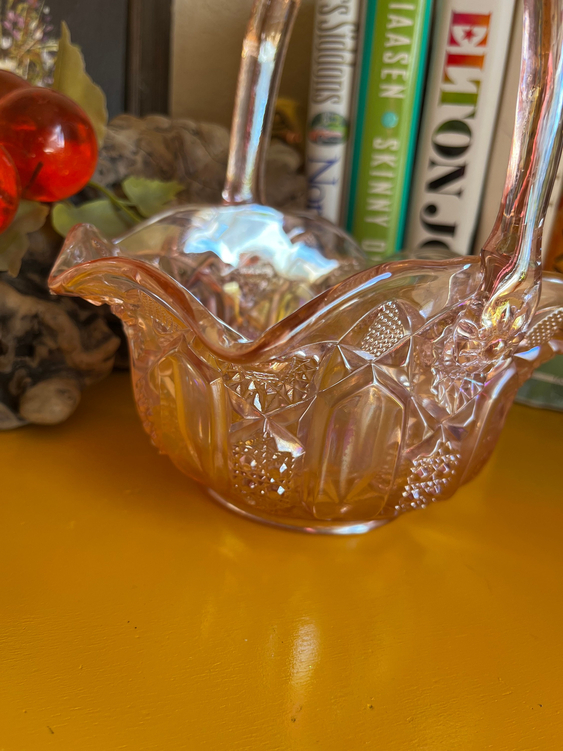 Vintage L.E. Smith Glass Quintec Pink Iridescent Luster Basket With ...