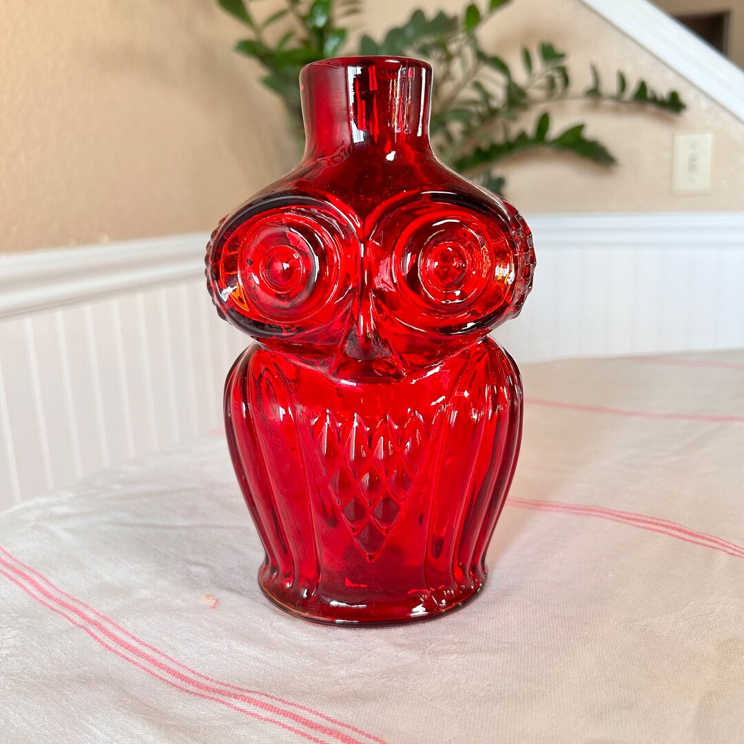 Vintage MCM Viking Glass & Rainbow Owl Bottle Decanter Ruby Red - Etsy