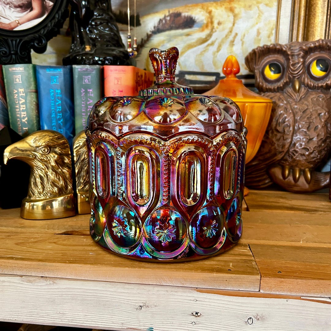 L.E. Smith Mould Weishar Moon and Star Glass Crystal Amber Carnival ...