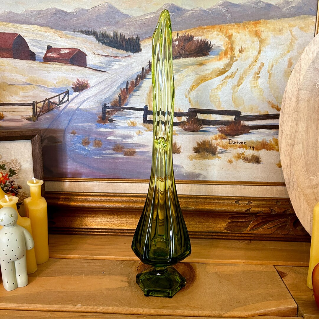Vintage MCM Viking Glass 15" Green Swung Vase in Epic Column - Etsy