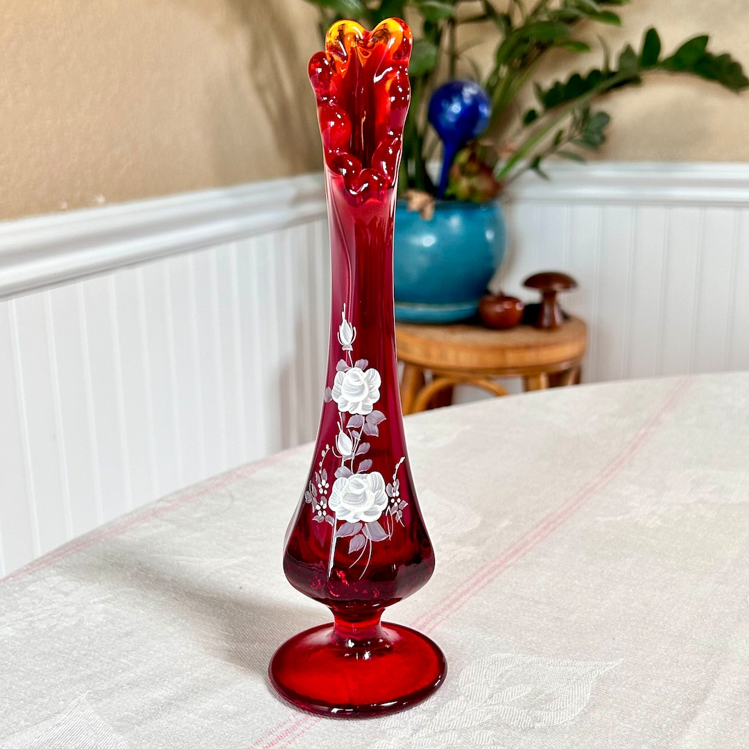 Vintage Fenton Glass Red Floral Hand Painted Bud Vase - Etsy
